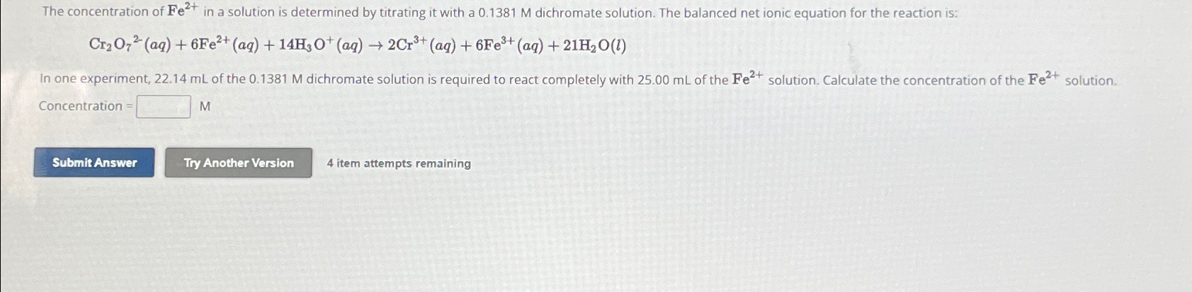 Solved The concentration of Fe2+ ﻿in a solution is | Chegg.com