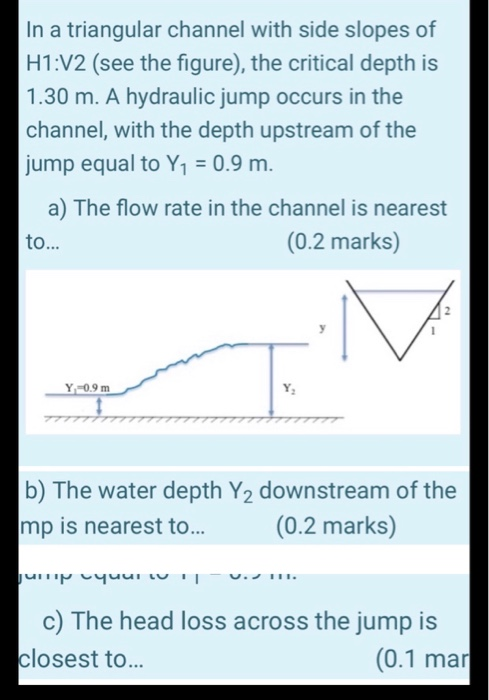 Solved In a triangular channel with side slopes of H1:72 | Chegg.com