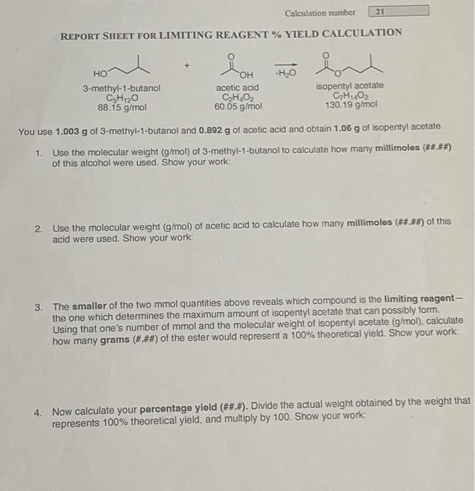 Solved REPORT SHEET FOR LIMITING REAGENT \% YIELD | Chegg.com