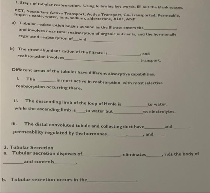Solved 1. Steps of tubular reabsorption. Using following key | Chegg.com