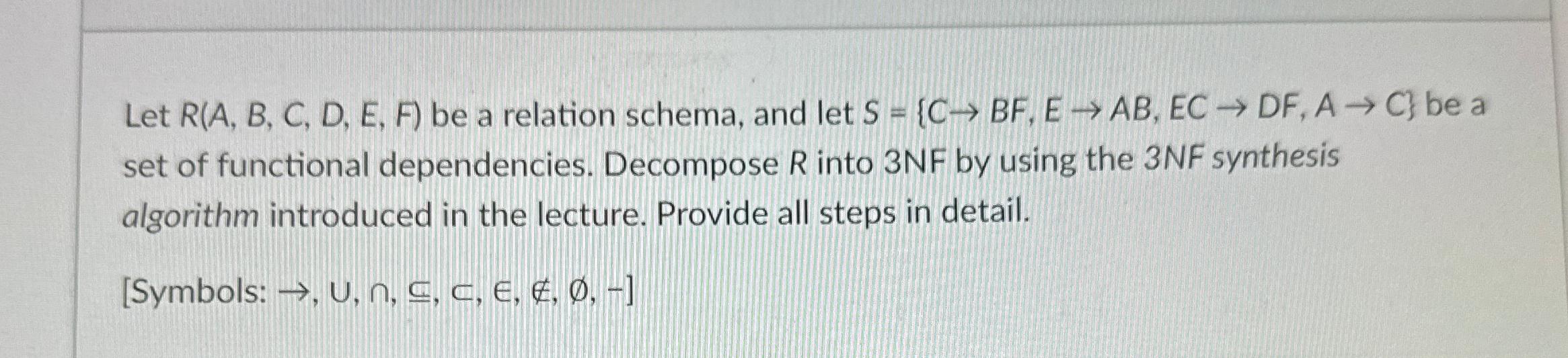 Solved Let R(A,B,C,D,E,F) ﻿be a relation schema, and let | Chegg.com