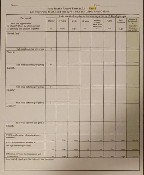 Name Date Food Intake Record Form 2.1) Part I 1 int | Chegg.com