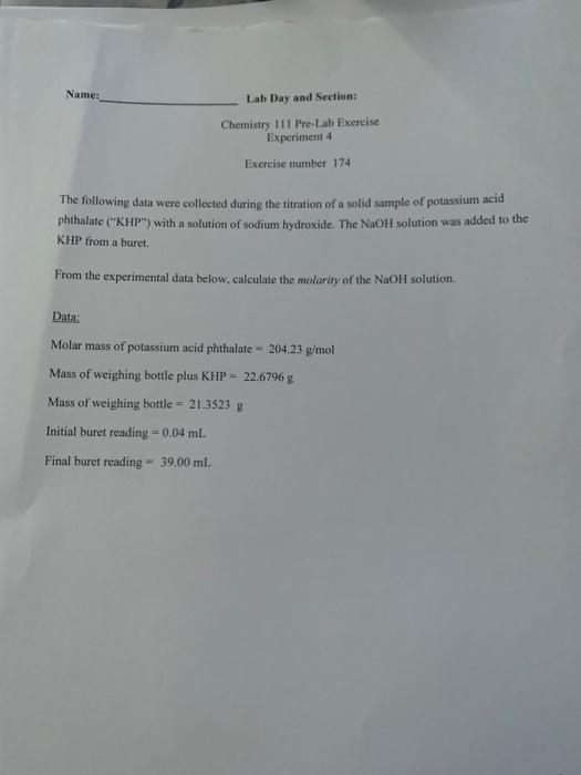 Solved Name: Lab Day and Section: Chemistry 111 Pre-lab | Chegg.com