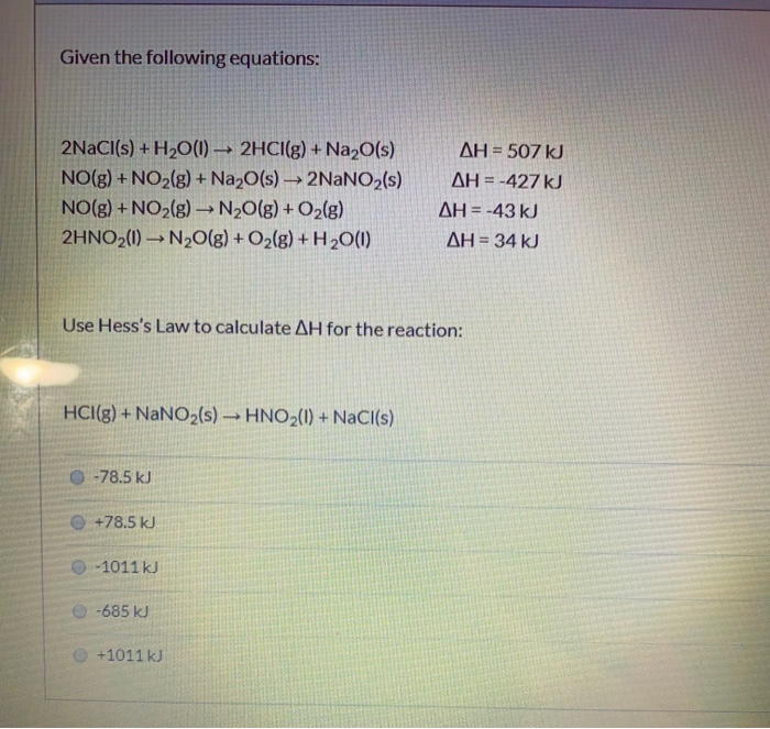 Solved Given the following equations: 2NaCl(s) + H2O(1) | Chegg.com