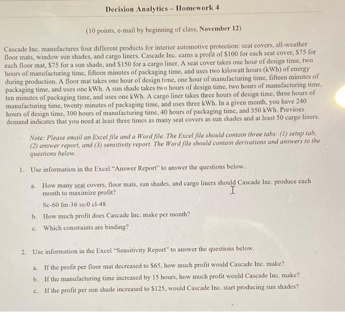 Decision Analytics - Homework 4 (10 points, e-mail by | Chegg.com
