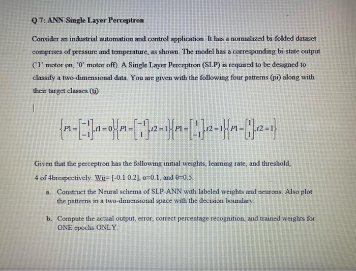 Q 7: ANN-Single Layer Perceptron Consider an | Chegg.com