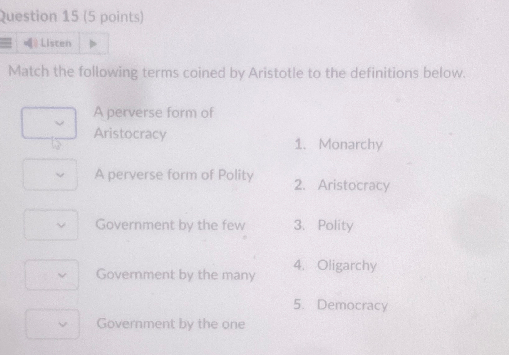 Solved 2uestion 15 (5 ﻿points)Match the following terms | Chegg.com