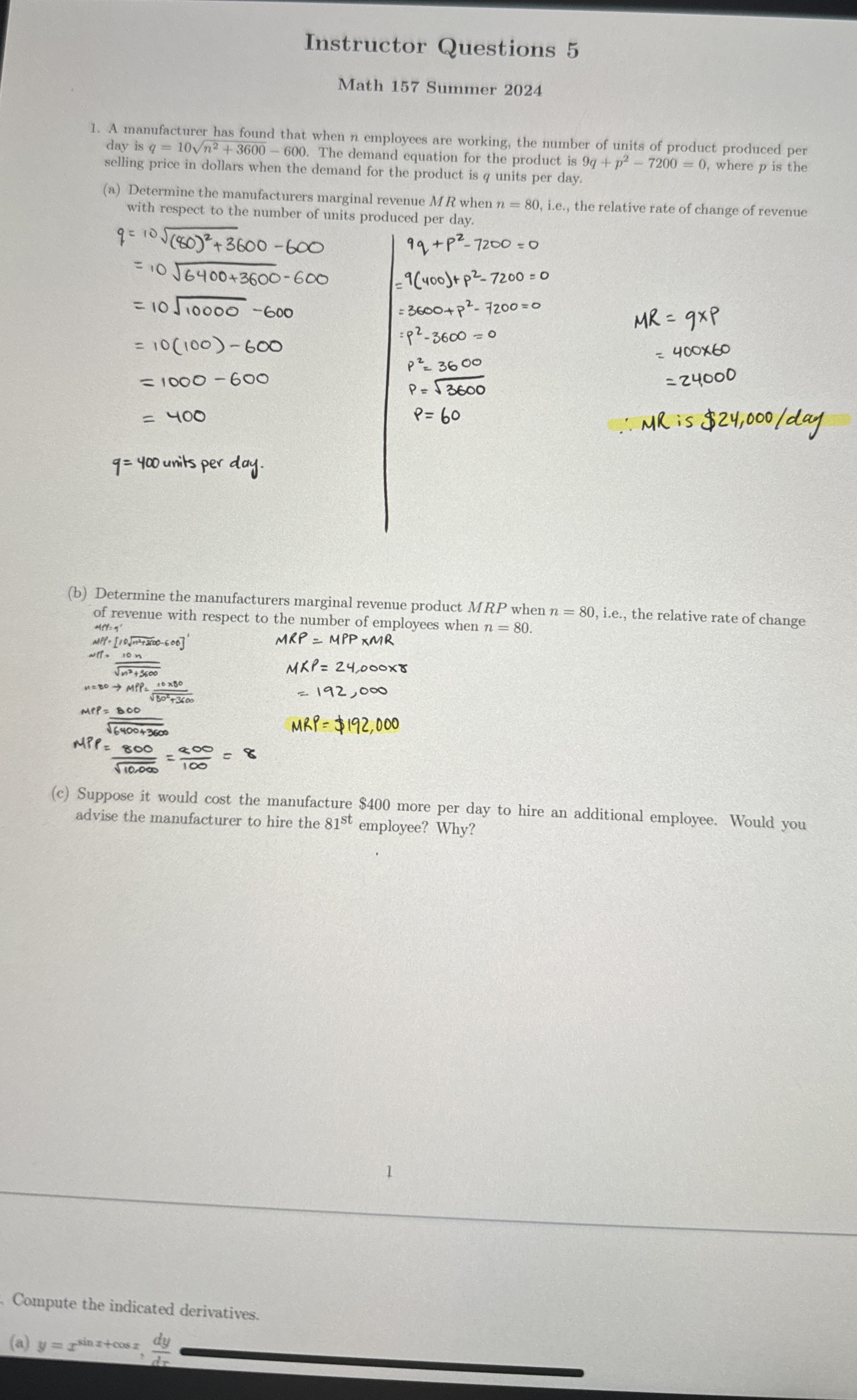 Solved Instructor Questions 5Math 157 ﻿Summer 2024A | Chegg.com