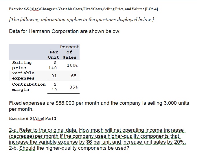 Solved Exercise 6-5 (Algo) ﻿Changes in Variable Costs, Fixed | Chegg.com