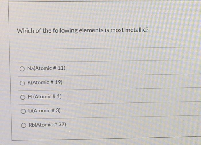 Solved Which of the following elements is most metallic? Na( | Chegg.com