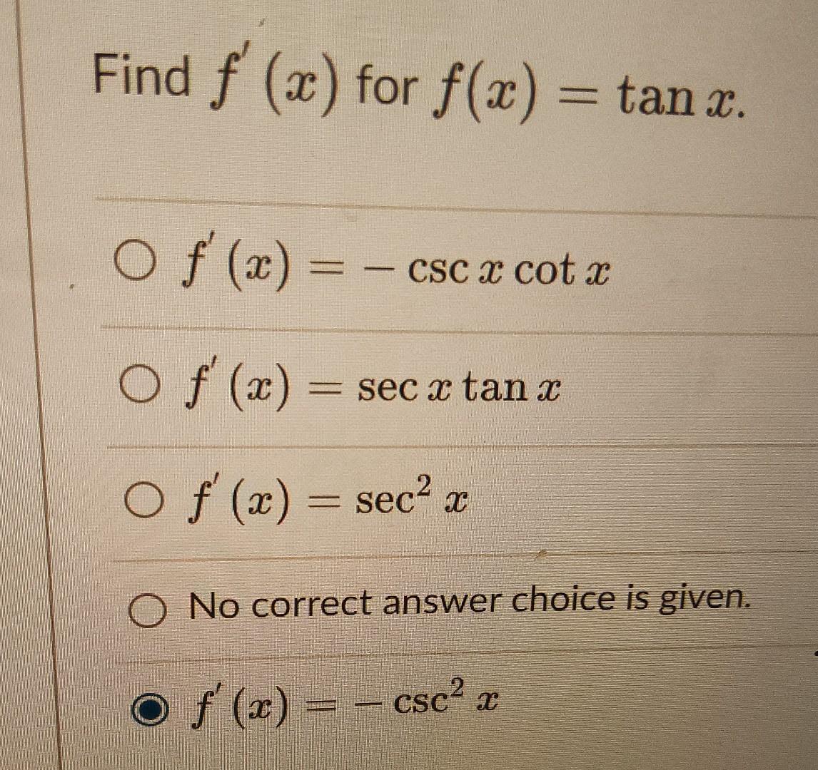 Solved f′(x) for f(x)=tanx | Chegg.com