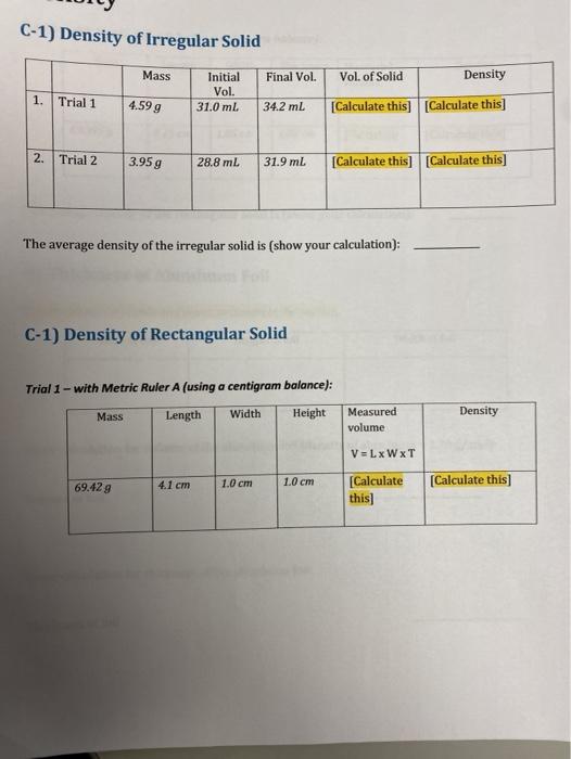 Solved C-1) Density of Irregular Solid Mass Final Vol. Vol. | Chegg.com