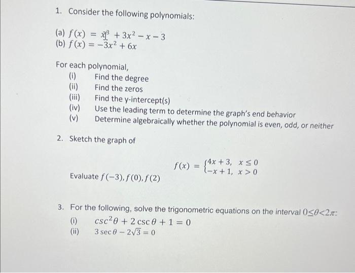 Solved 1. Consider the following polynomials: (a) | Chegg.com