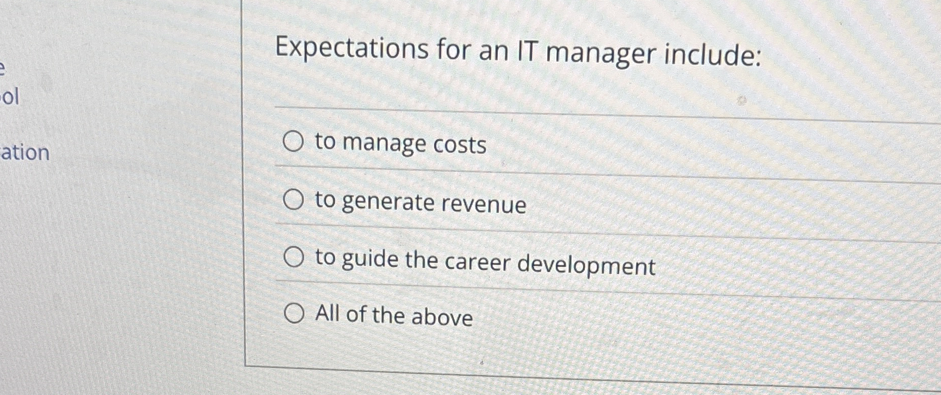 Solved Expectations for an IT manager include:to manage | Chegg.com