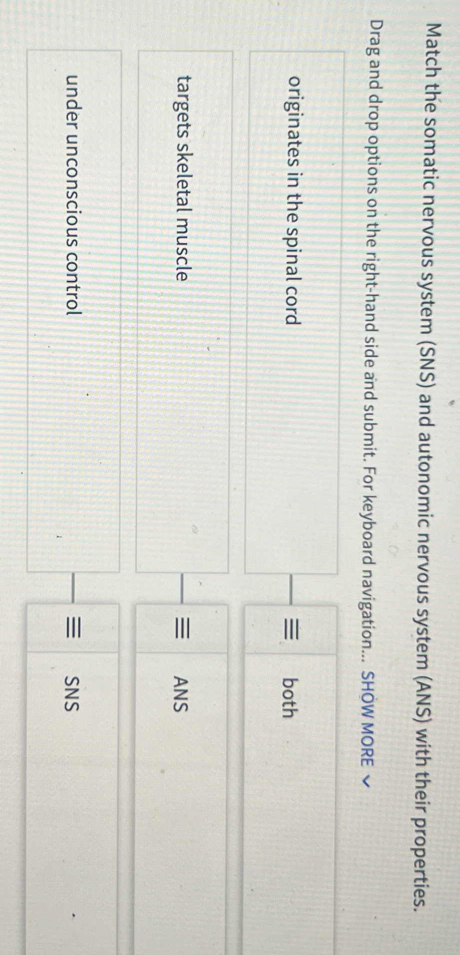 Solved Match the somatic nervous system (SNS) ﻿and autonomic | Chegg.com