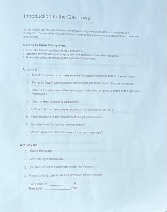 Introduction to the Gas Laws In this virtual lab you | Chegg.com