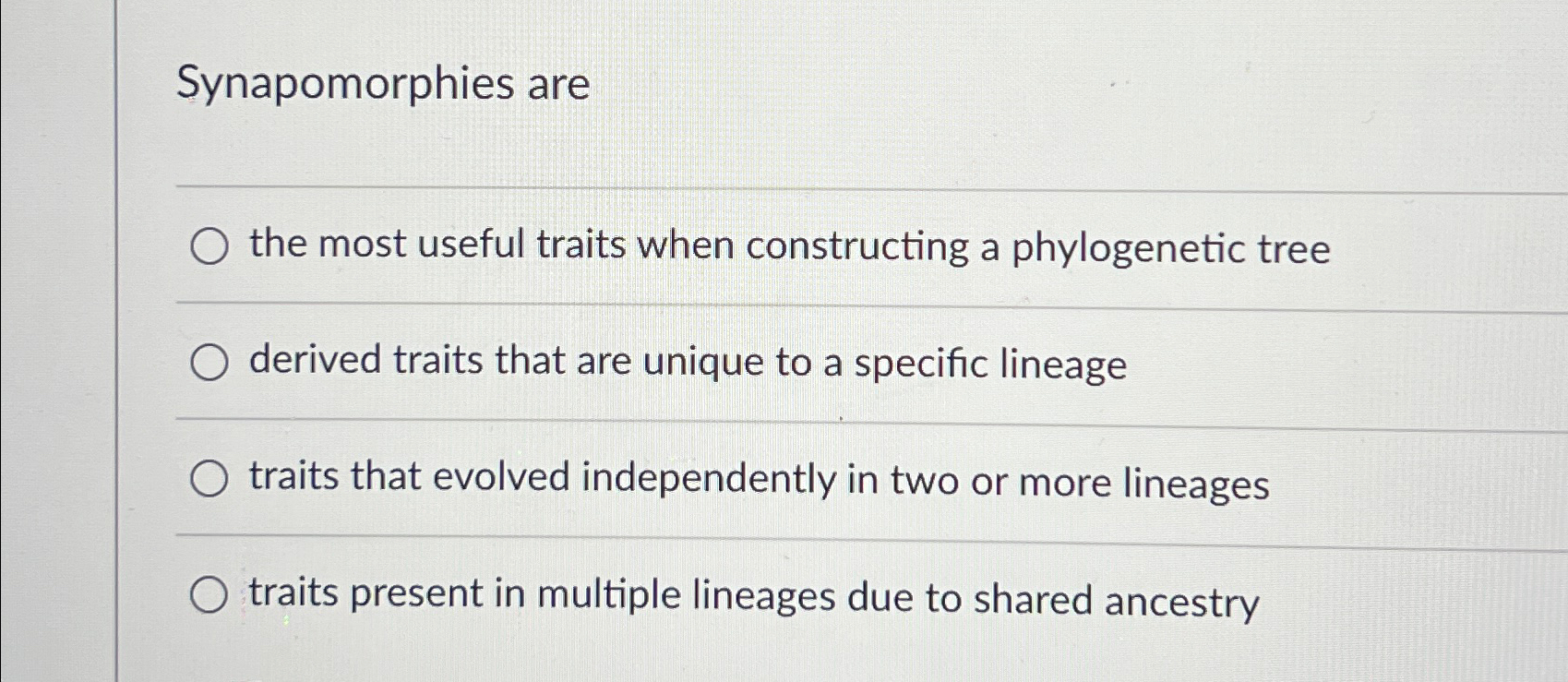 Solved Synapomorphies arethe most useful traits when | Chegg.com