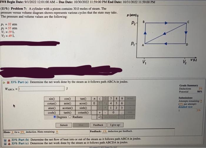 Solved (11\%) Problem 7: A cylinder with a piston contains | Chegg.com