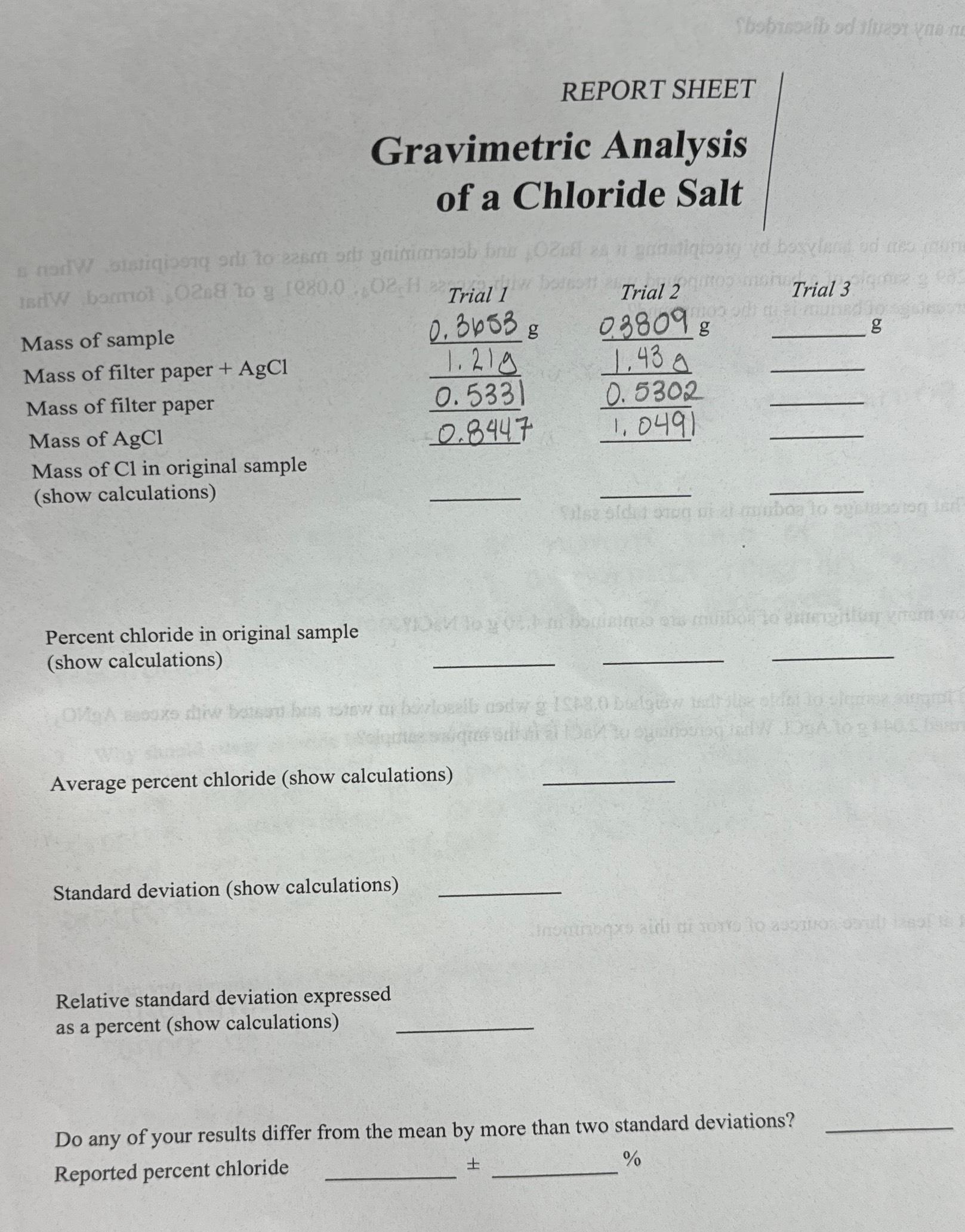 Solved REPORT SHEETGravimetric Analysis of a Chloride | Chegg.com