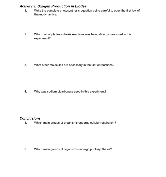 Activity 3: Oxygen Production in Elodea 1. Write the | Chegg.com