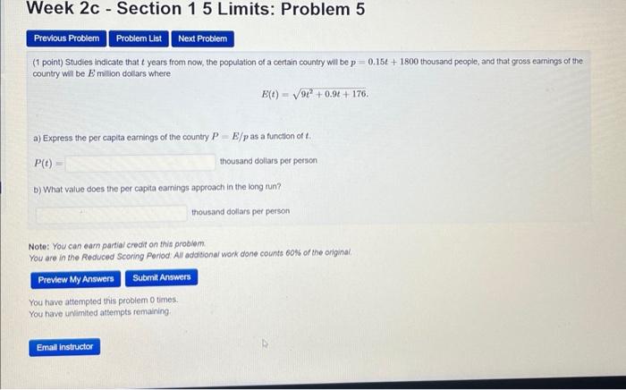 Solved Week 2c - Section 15 Limits: Problem 1 (1 point) | Chegg.com