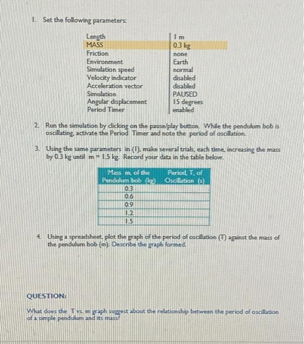 Solved 1. Set the following parameters: 2 Run the simulation | Chegg.com