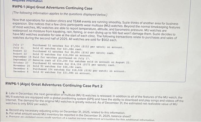 Solved RWP6-1 (Algo) Great Adventures Continuing Case [The | Chegg.com