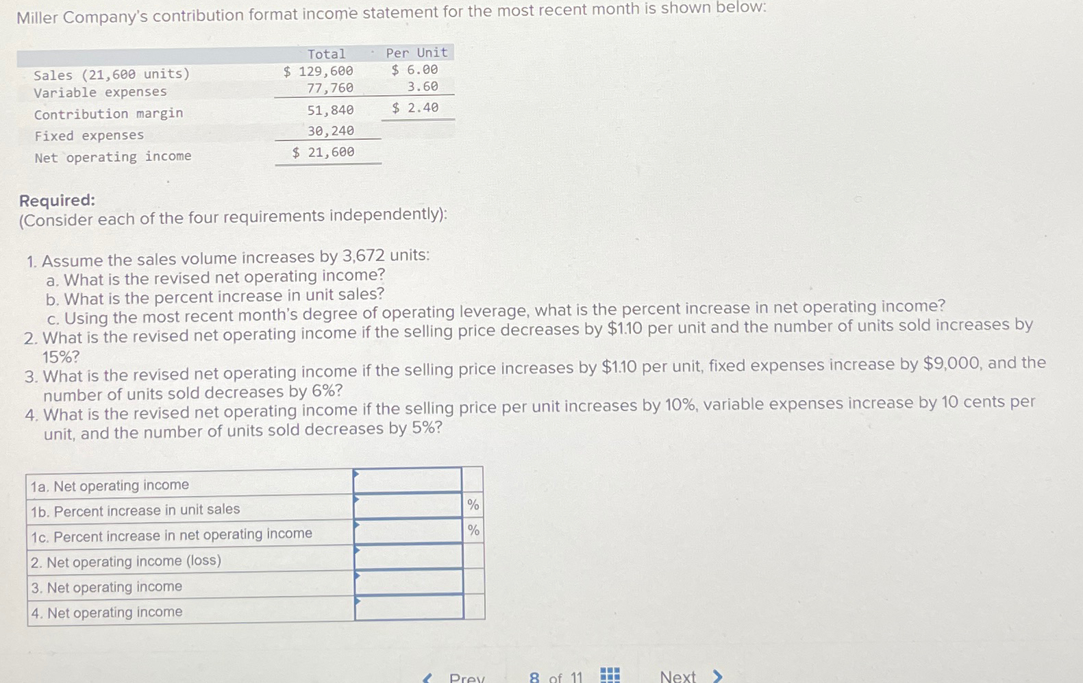 Solved Miller Companys Contribution Format Income Statement