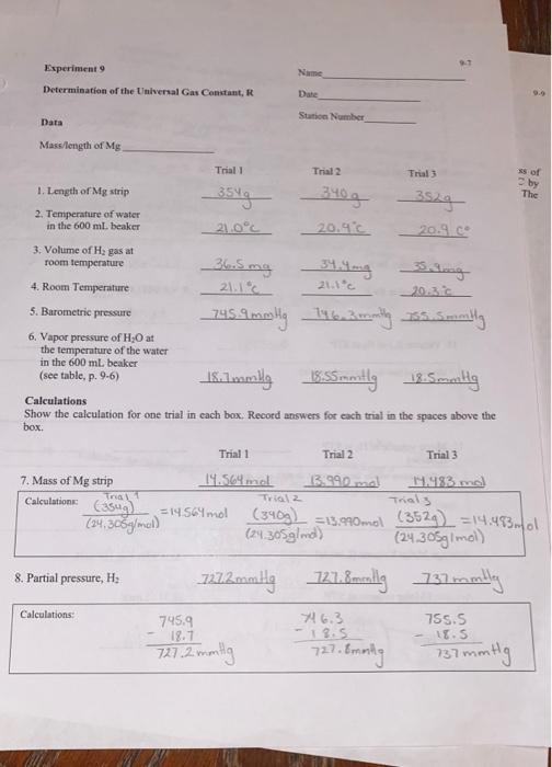 Solved Name Experiment 9 Determination of the Universal Gas | Chegg.com