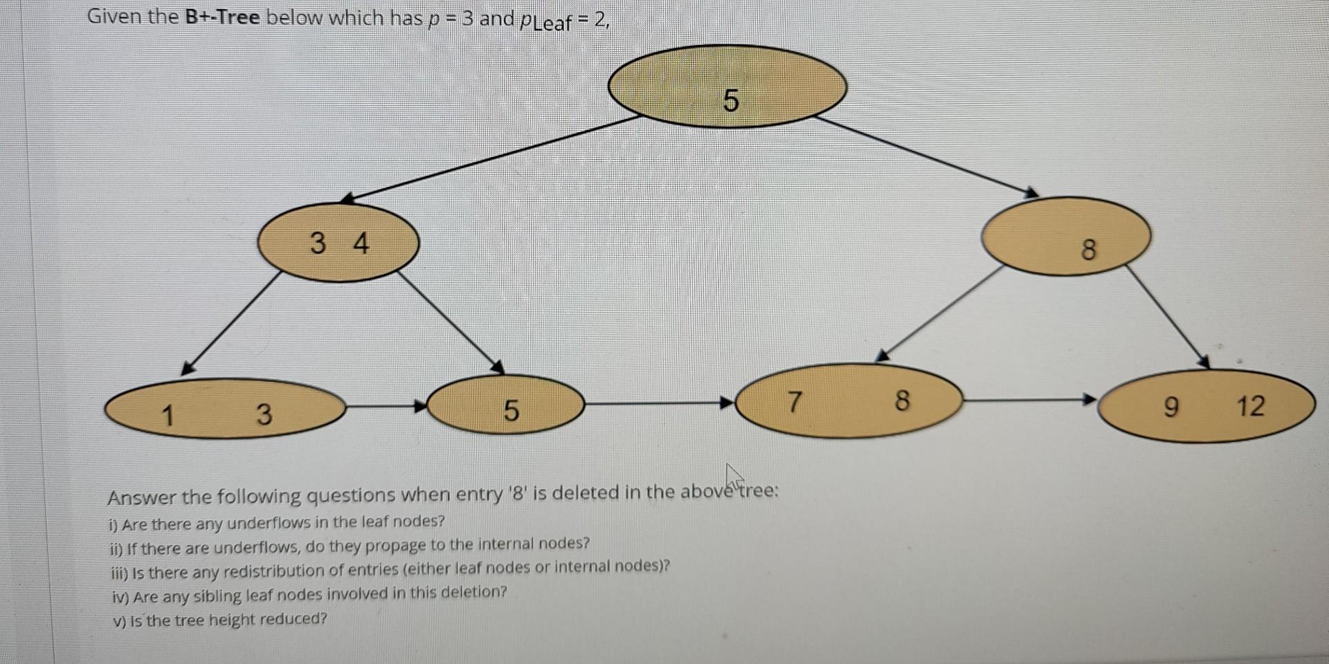 Solved Given the B+-Tree below which has p = 3 and pleaf = | Chegg.com