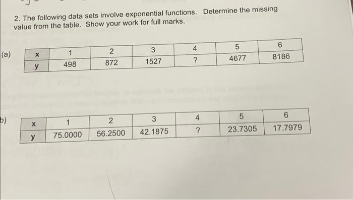 Solved 2. The following data sets involve exponential | Chegg.com