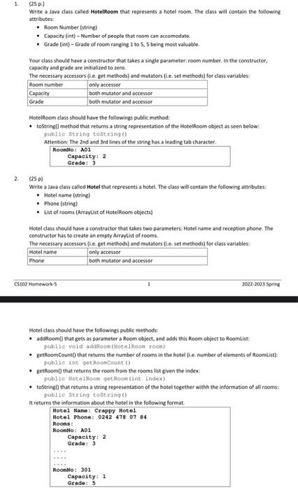 Solved 1. (25 p. ) Write a Java class called HotelRoom that | Chegg.com