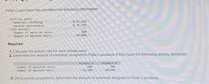 Solved Fellar Corporation has identified the following | Chegg.com