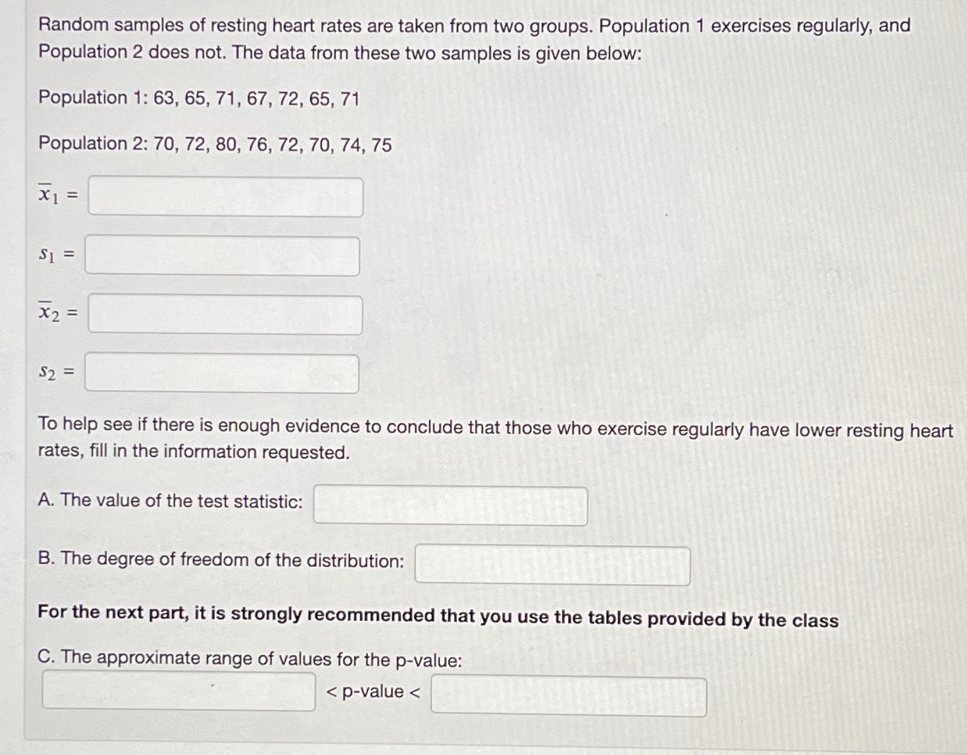 Solved Random samples of resting heart rates are taken from | Chegg.com