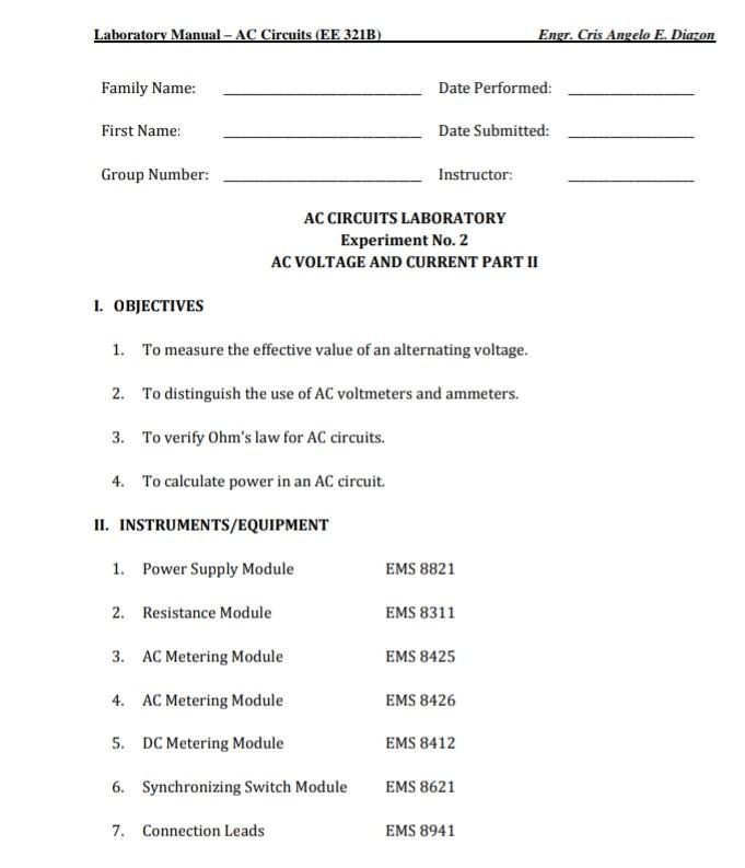 Solved Laboratory Manual - AC Circuits (EE 321B) Engr. Cris | Chegg.com