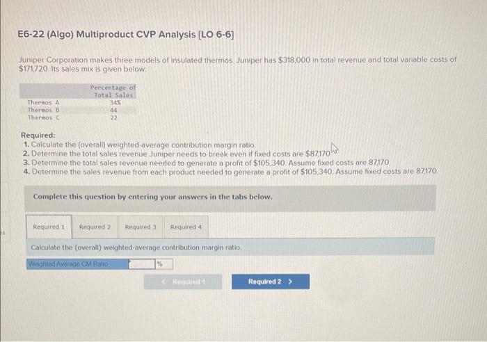 Solved E6-22 (Algo) Multiproduct CVP Analysis [LO 6-6] | Chegg.com