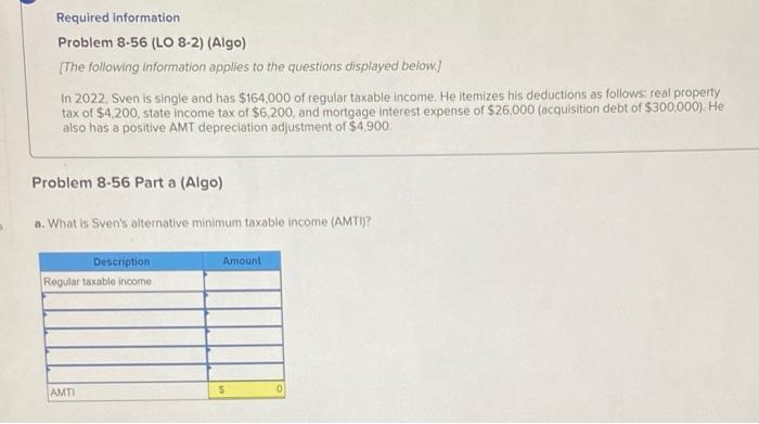 Solved Required information Problem 8.56 (LO 8-2) (Algo) | Chegg.com