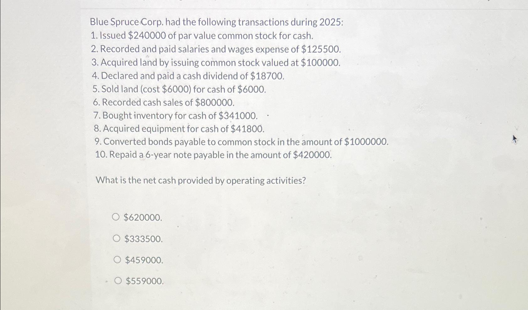 Solved Blue Spruce Corp. had the following transactions | Chegg.com