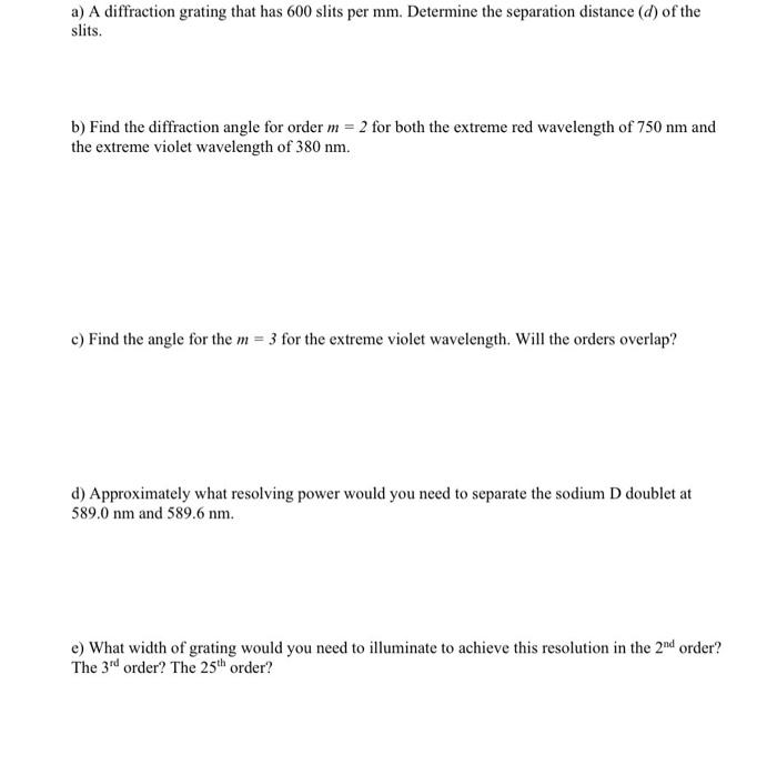 Solved a) A diffraction grating that has 600 slits per mm. | Chegg.com