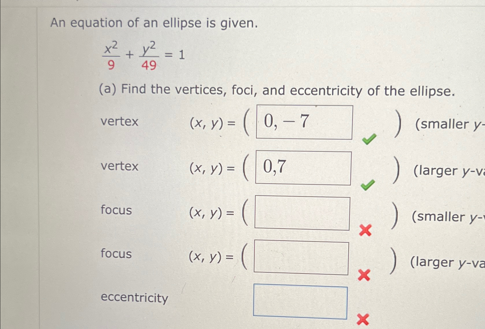 Solved An equation of an ellipse is given.x29+y249=1(a) | Chegg.com
