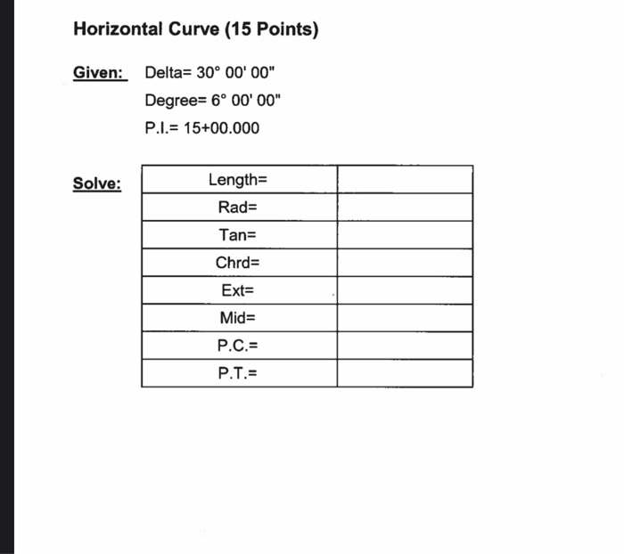 Solved Horizontal Curve (15 Points) Given: Delta= 30° 00'00" | Chegg.com