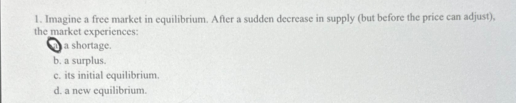 Solved Imagine a free market in equilibrium. After a sudden | Chegg.com