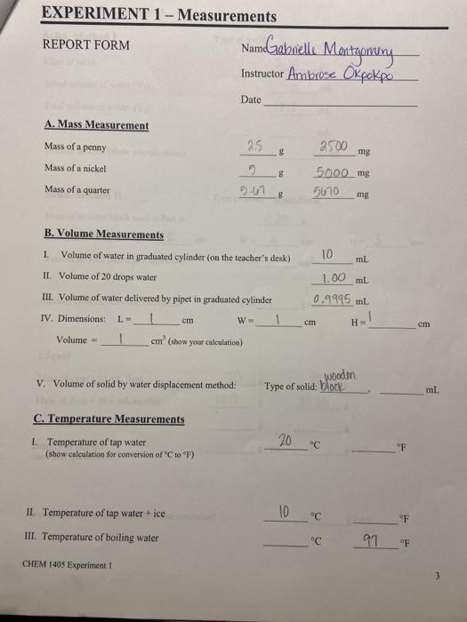 Solved EXPERIMENT 1 - Measurements INTRODUCTION In all | Chegg.com