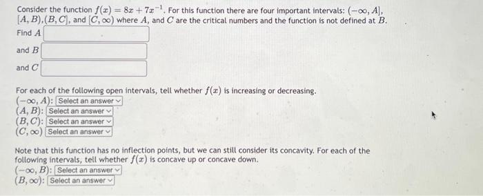 Consider the function f(x)=8x+7x−1. For this function | Chegg.com