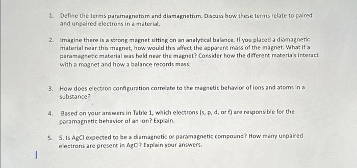 Solved 1 Define The Terms Paramagnetism And Diamagnetism