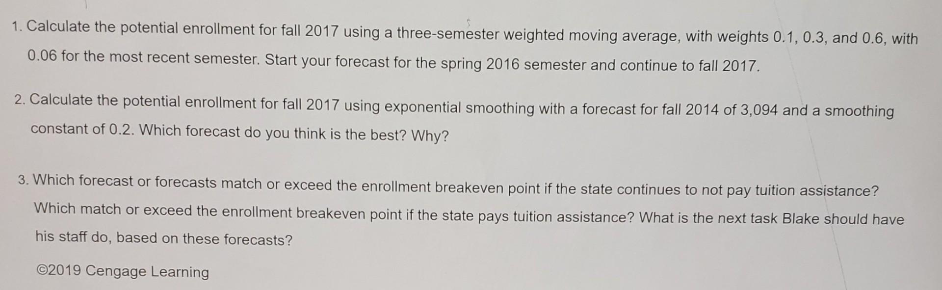 Solved 1. Calculate the potential enrollment for fall 2017 | Chegg.com