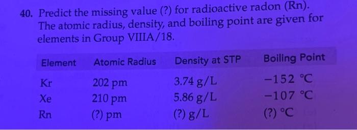 Solved 40. Predict the missing value (?) for radioactive | Chegg.com