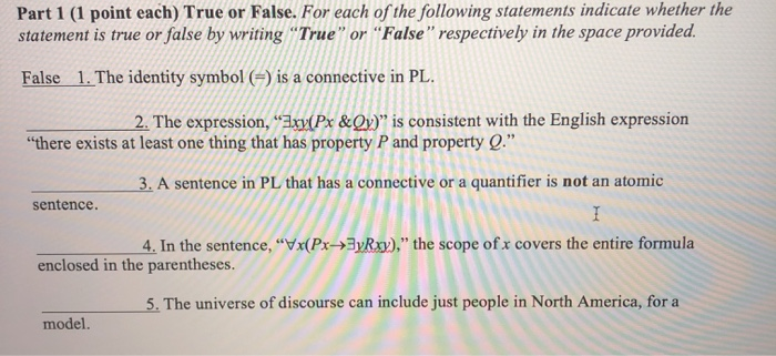 Solved Part 1 (1 point each) True or False. For each of the | Chegg.com