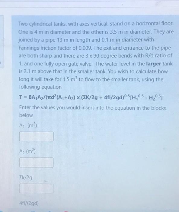 Solved Two cylindrical tanks, with axes vertical, stand on a | Chegg.com