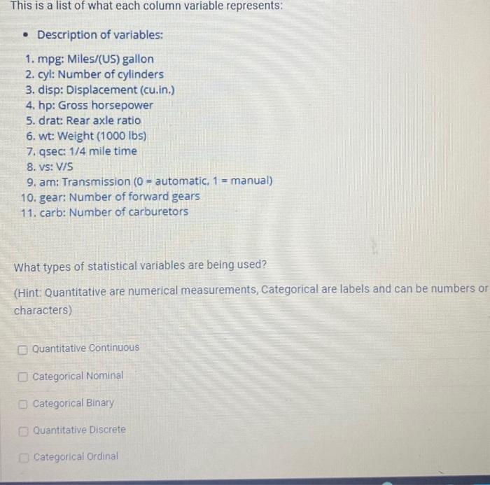 Solved This is a list of what each column variable | Chegg.com